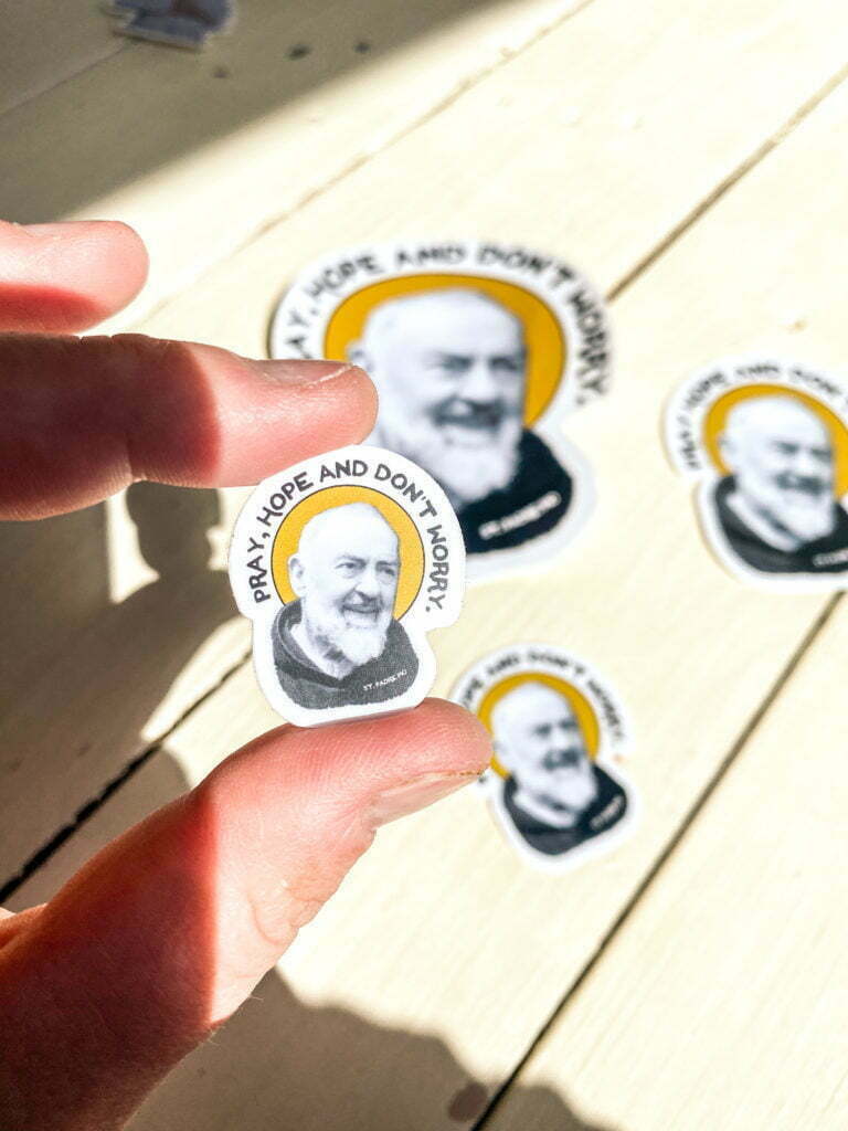 TINY-St. Padre Pio Catholic sticker with quote “Pray, hope and don’t ...