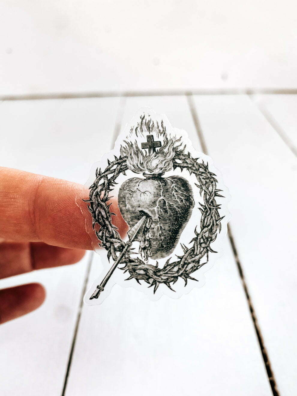 CLEAR-Sacred Heart Mini Sized Catholic Sticker-With circular crown of ...