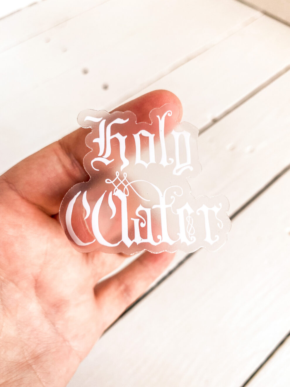 CLEAR-Holy Water, Gothic font -sticker - Catholic Artisan Australia