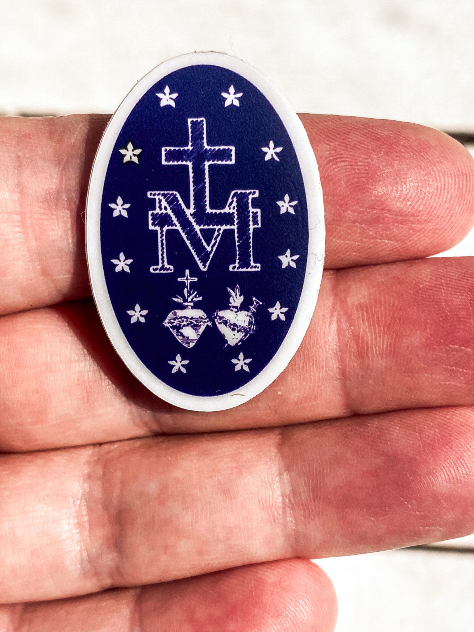 TINY sized, Miraculous Medal Stickers- BACK of medal- Navy and White- 1 ...