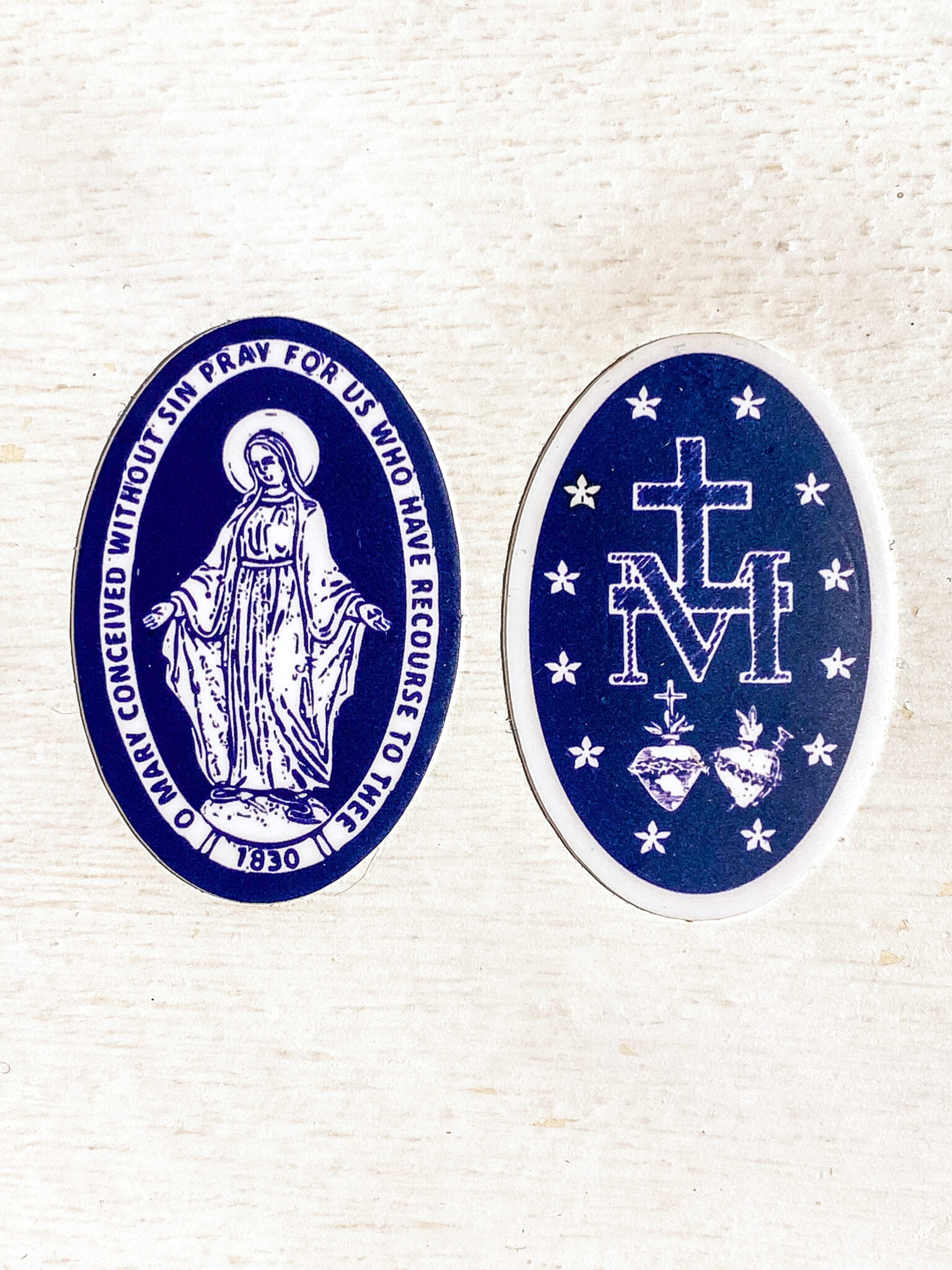 TINY sized, Miraculous Medal Stickers- BACK of medal- Navy and White- 1 ...